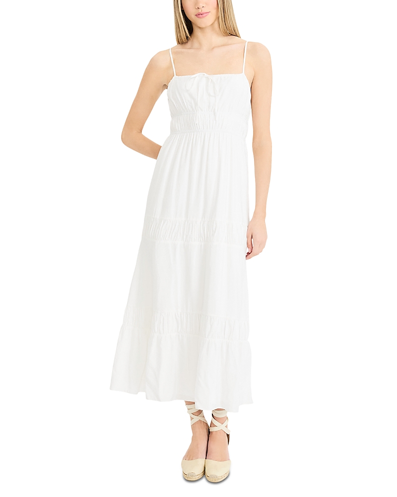 THE GOOD JOURNEY Sleeveless Tiered Midi Dress with Front Tie